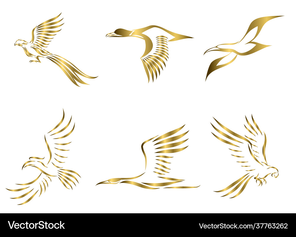 Set six gold images various birds flying Vector Image