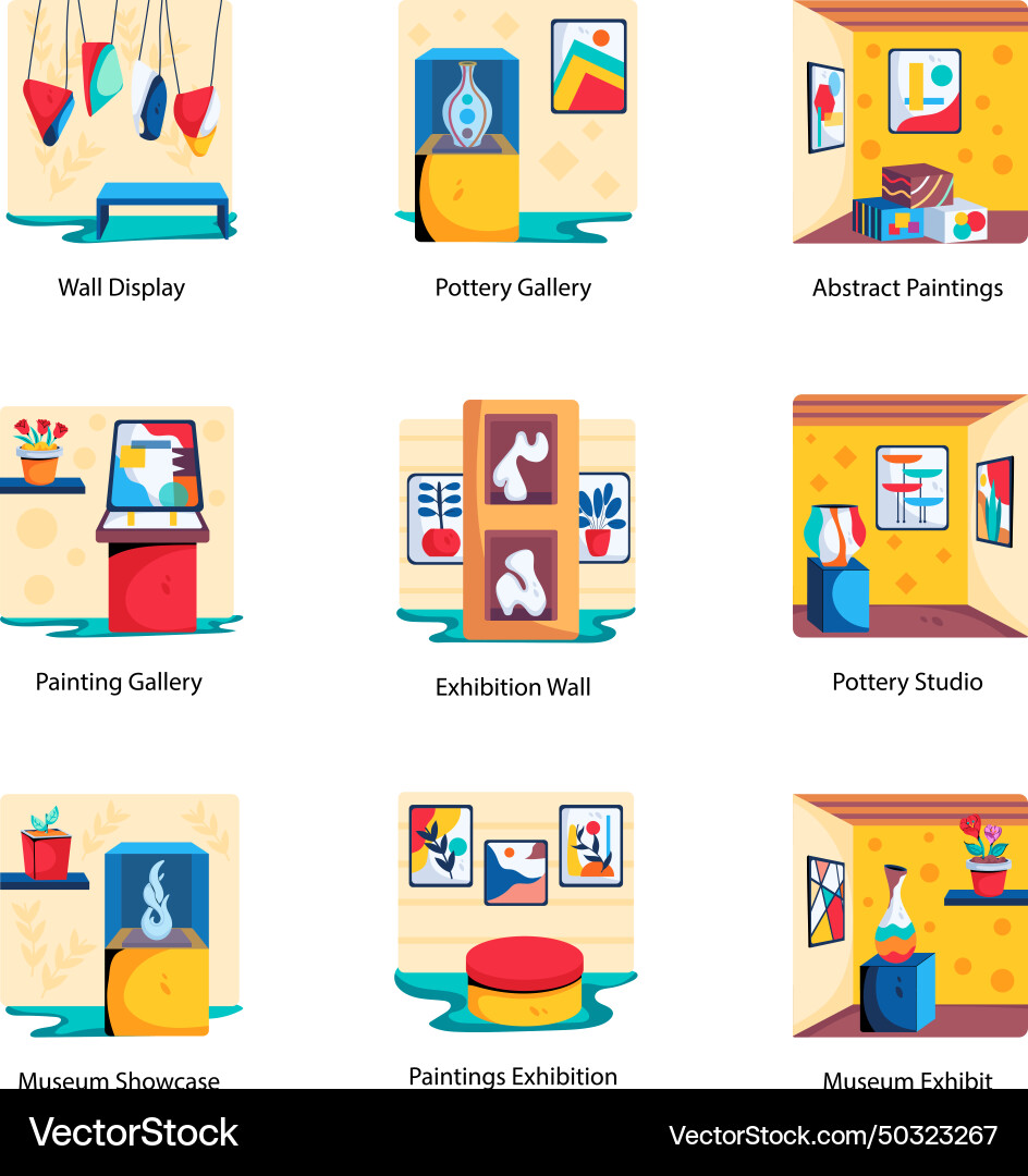 Bundle of art exhibition flat icons Royalty Free Vector