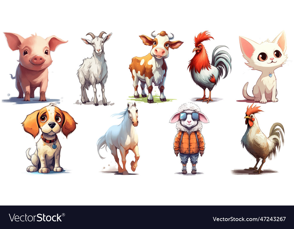 Cow horse cat pig rooster dog chicken sheep Vector Image