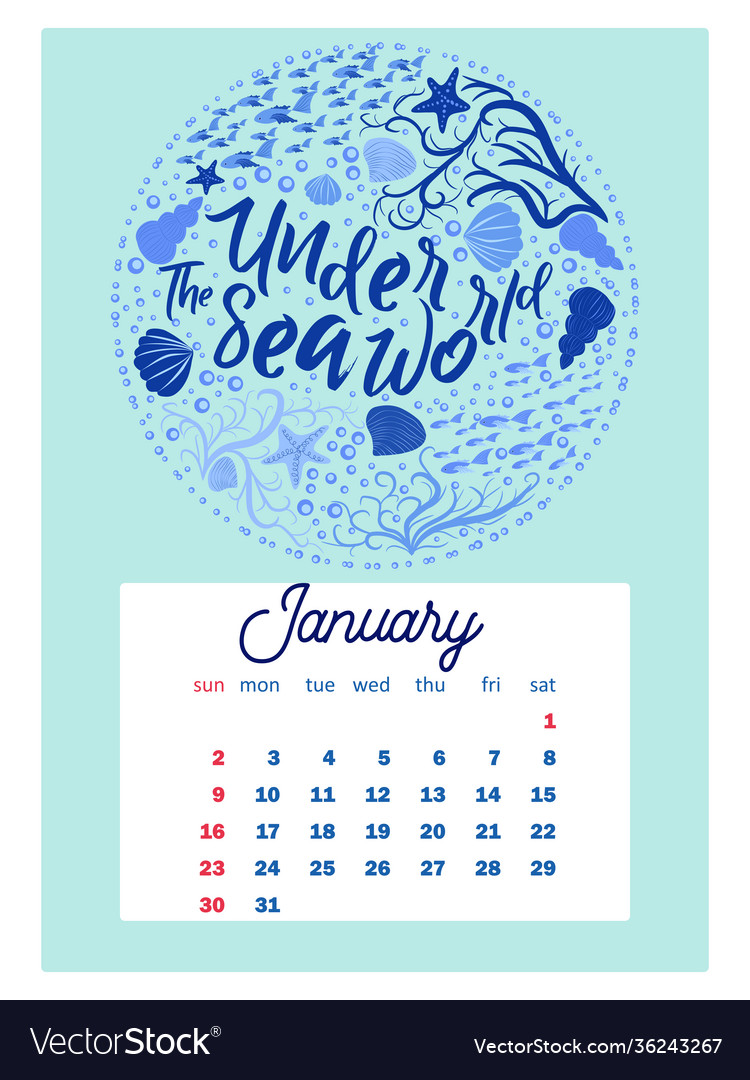 Marine life wall calendar design template Vector Image