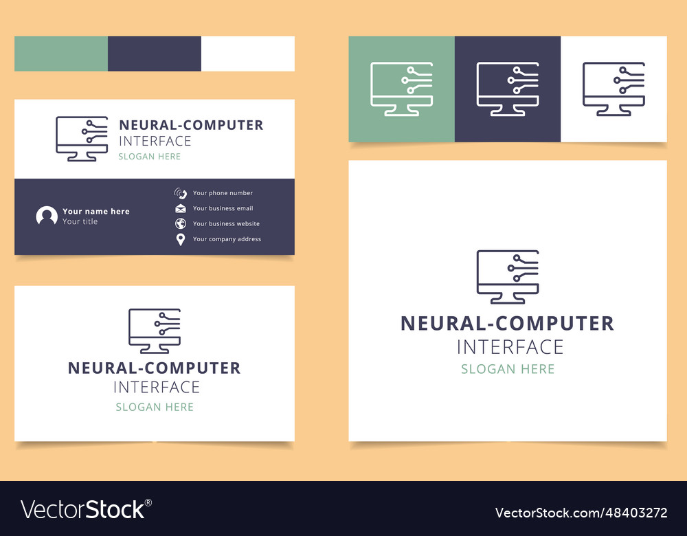 Neural computer logo design with editable slogan Vector Image