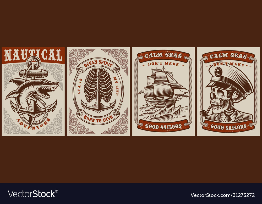 Set colour posters on theme nautical Royalty Free Vector