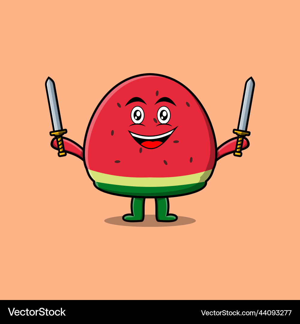 Cute cartoon watermelon holding two sword Vector Image