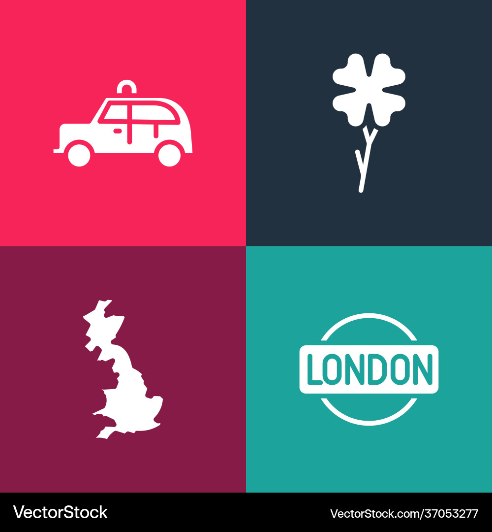 Set pop art london sign england map four leaf Vector Image