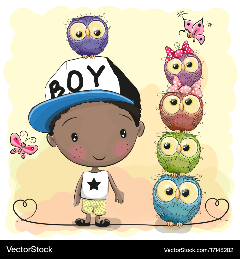 Cute cartoon boy and five owls Royalty Free Vector Image