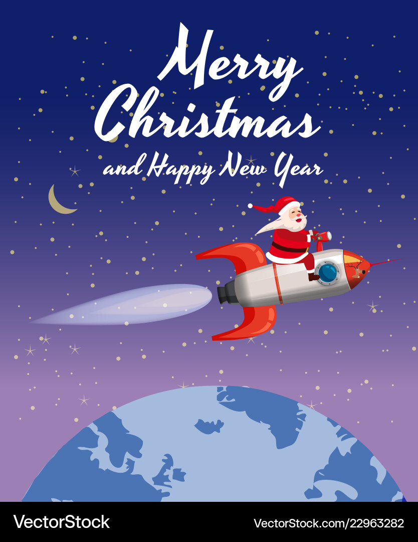 Santa claus on a rocket flies in space around Vector Image