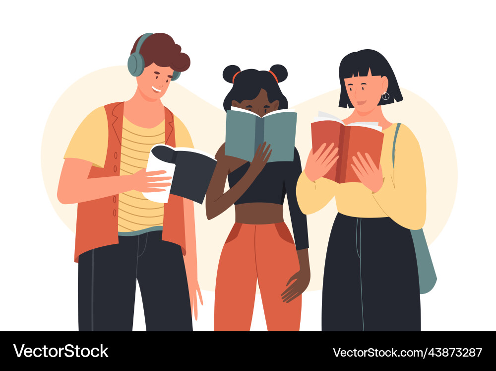 Group of students standing with open paper books Vector Image
