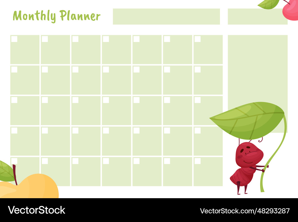 Monthly planner with cute ant character Royalty Free Vector