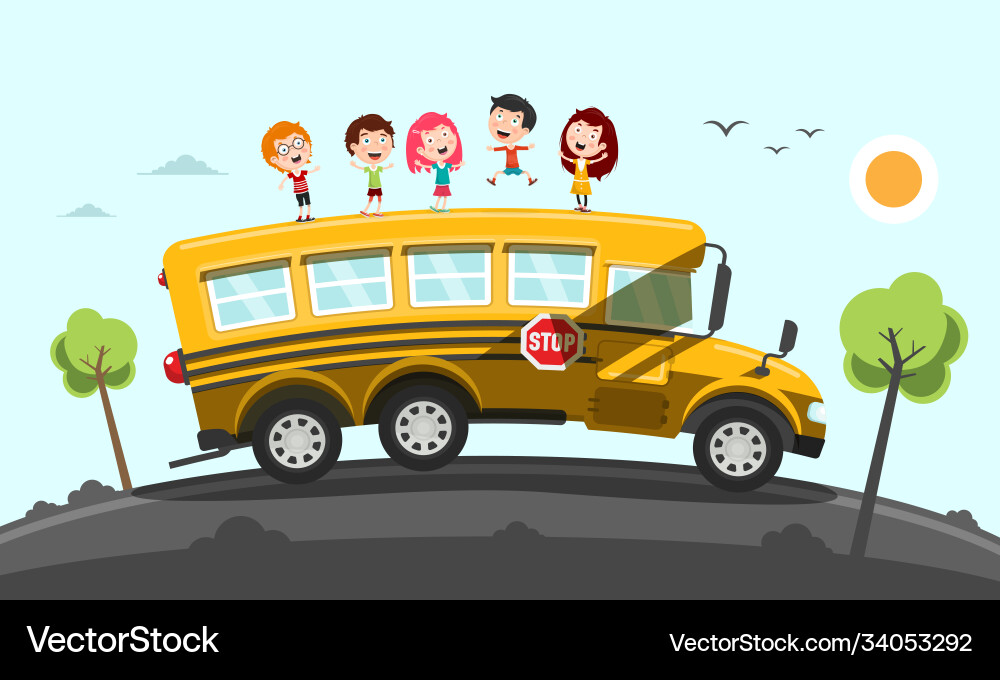 Happy kids on trip dancing school bus ro Vector Image