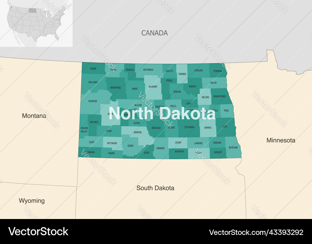 North dakota state counties map with neighbouring Vector Image