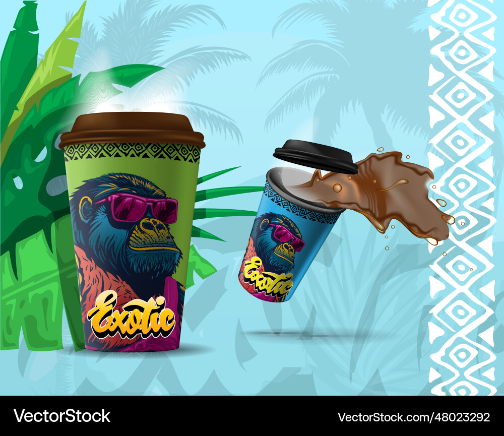 Stylish gorilla on disposable coffee cup on exotic