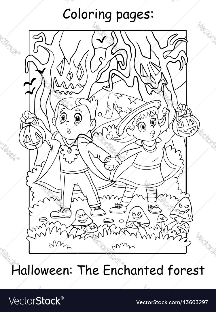 Coloring halloween children in an enchanted forest
