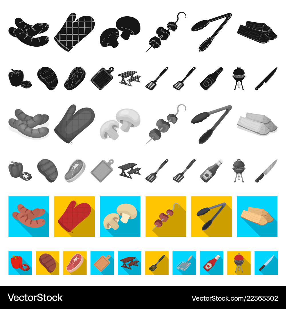 Barbecue and equipment flat icons in set Vector Image