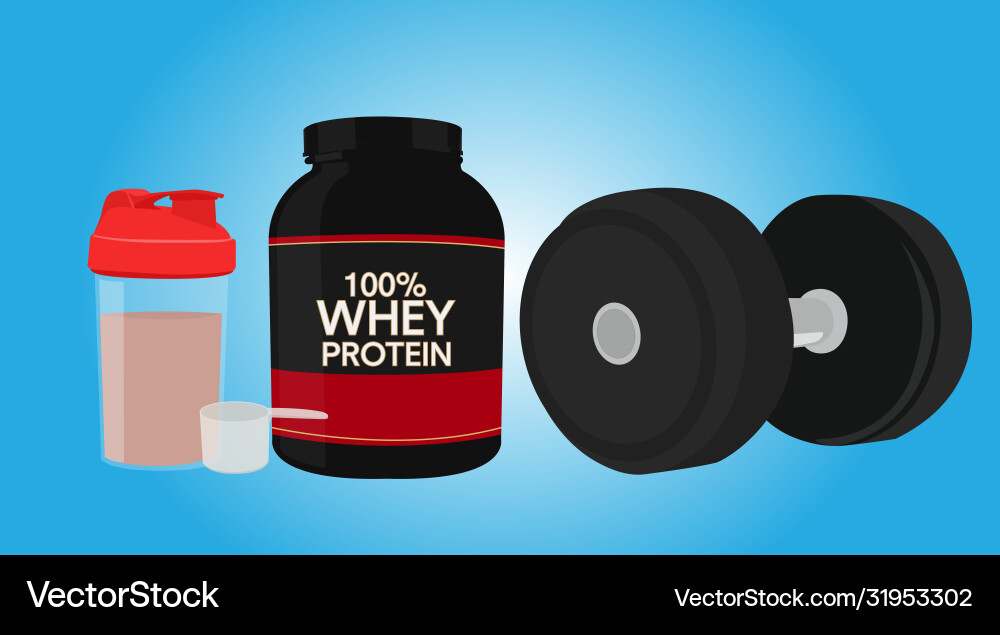 Whey protein bottle a scoop shaker and dumbb Vector Image