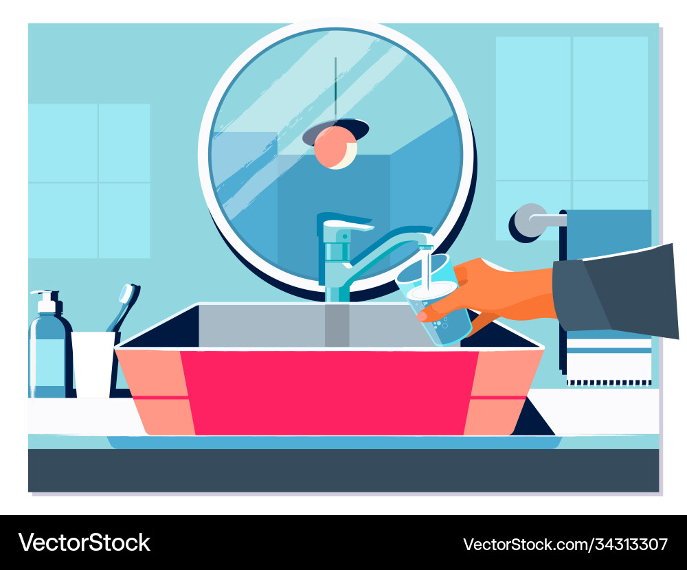 Hand pouring a glass water from filter tapcup Vector Image