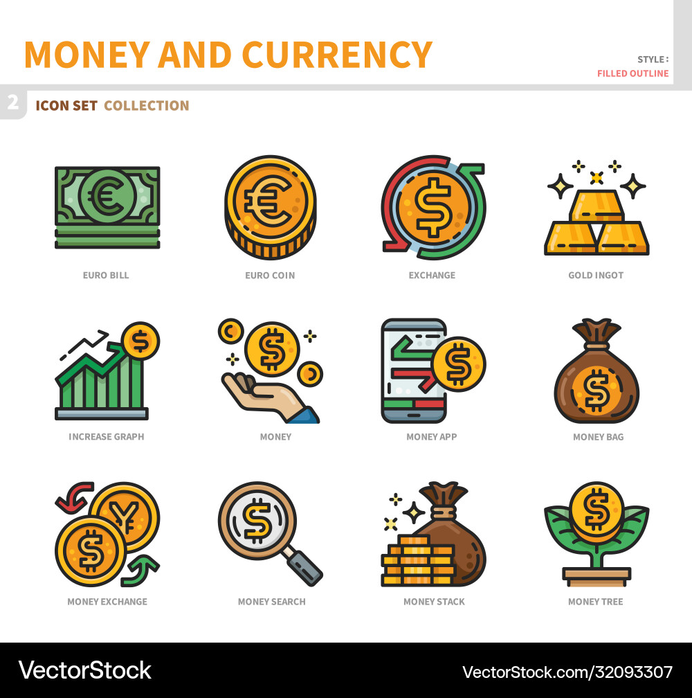 Money and currency icon set Royalty Free Vector Image
