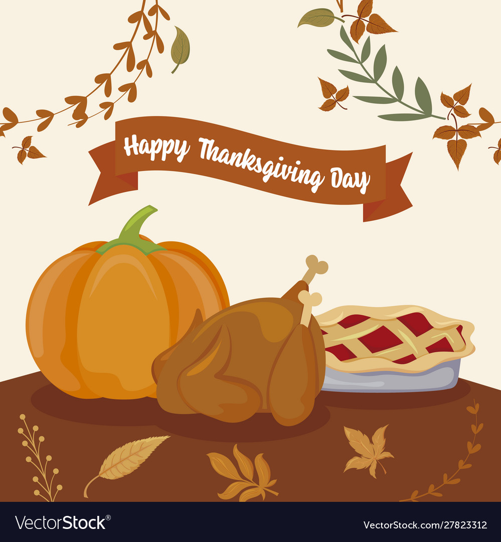Card with label happy thanksgiving and food Vector Image