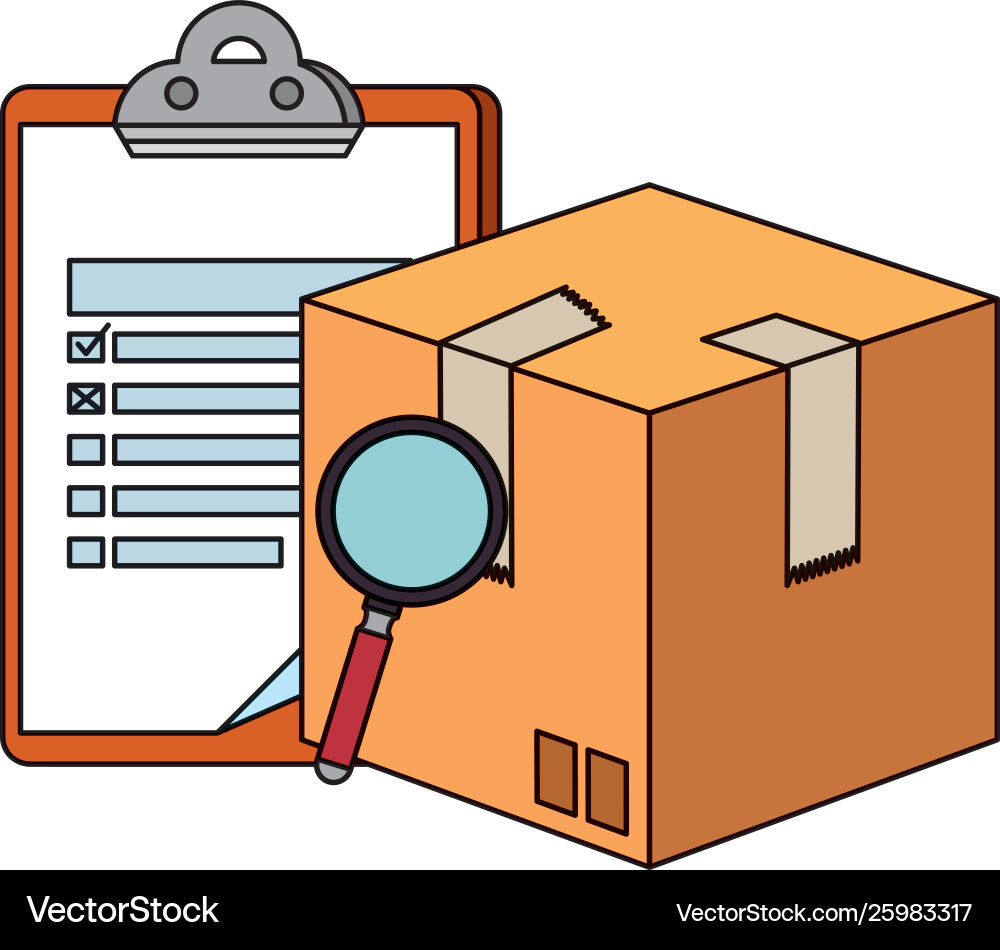Box carton with magnifying and checklist delivery Vector Image