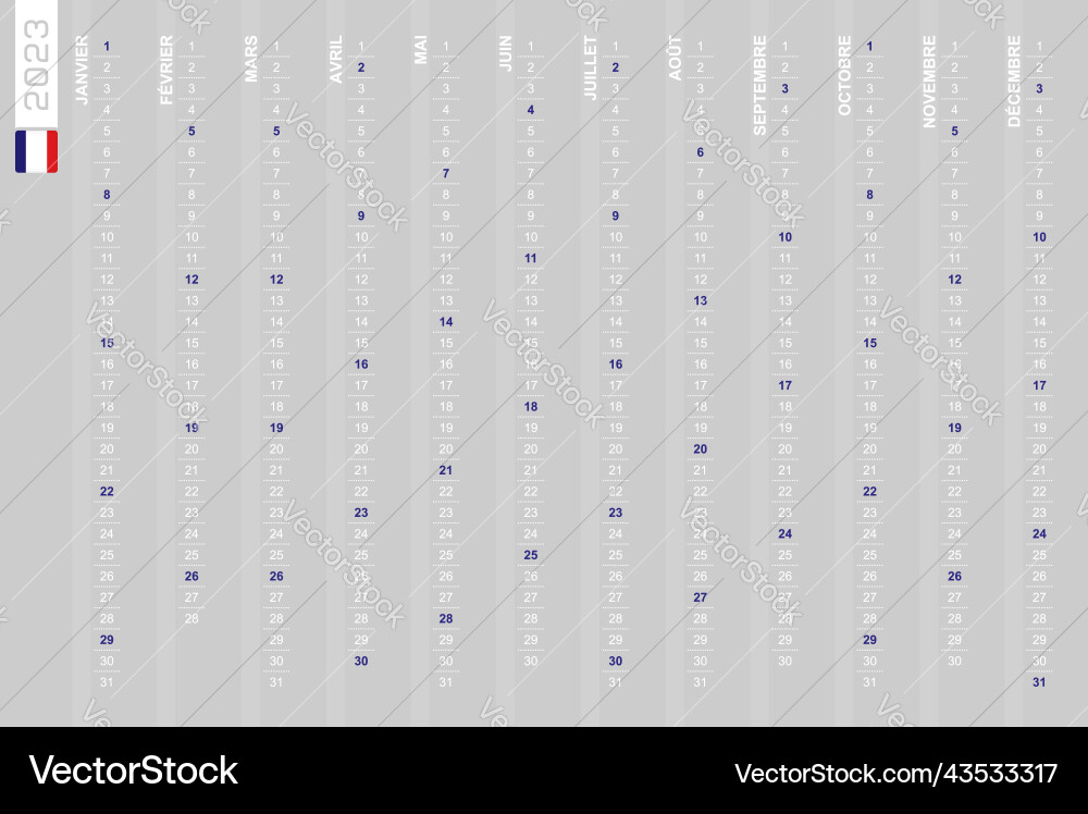 One-row vertical calendar for the year 2023 Vector Image