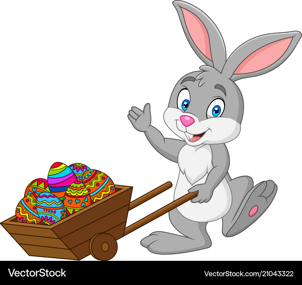 Cartoon rabbit pushing cart full of easter eggs Vector Image