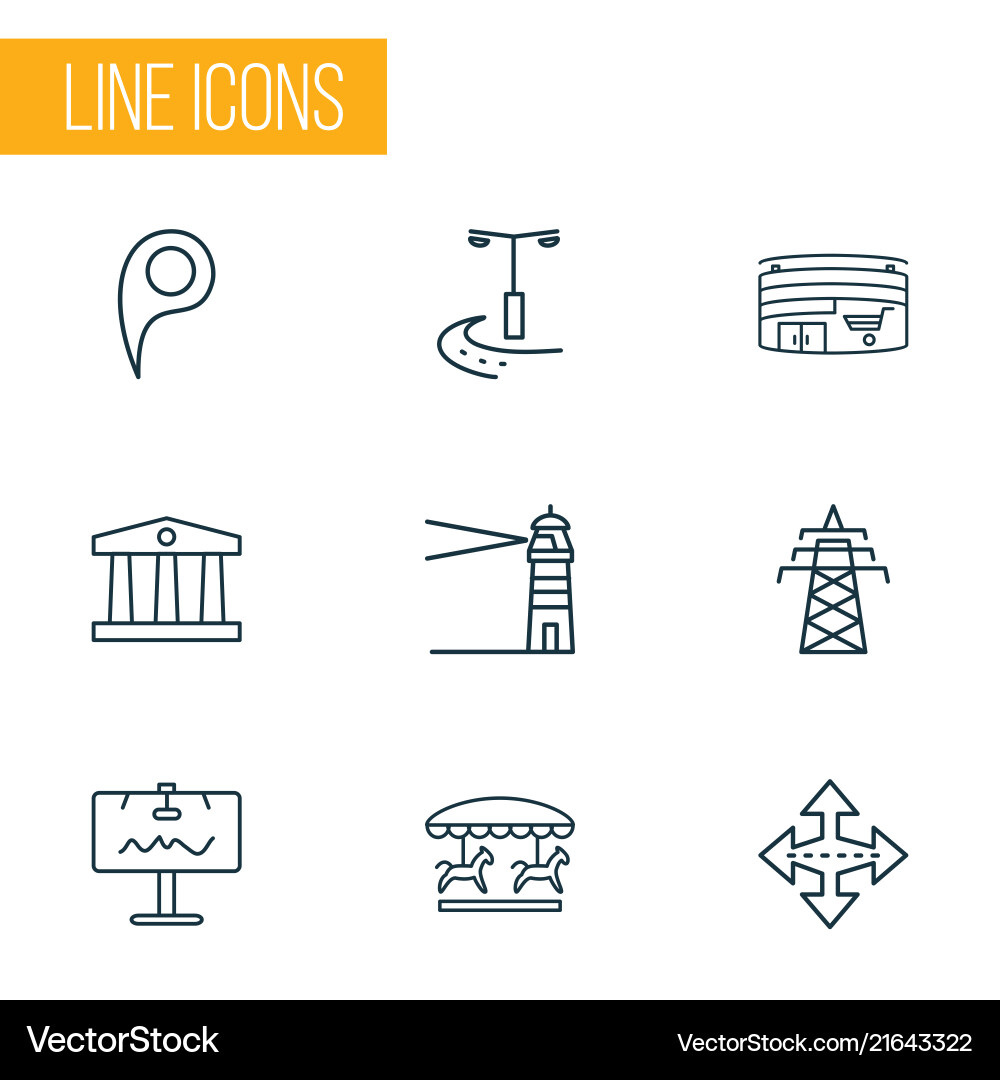 Public skyline icons line style set Royalty Free Vector