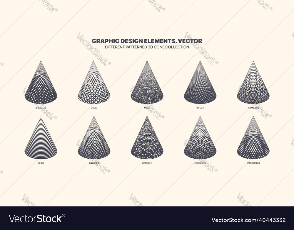 Assorted various patterned 3d cones set isolated Vector Image