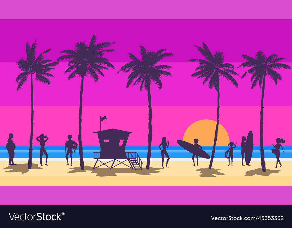 Beach landscape with lifeguard station people Vector Image