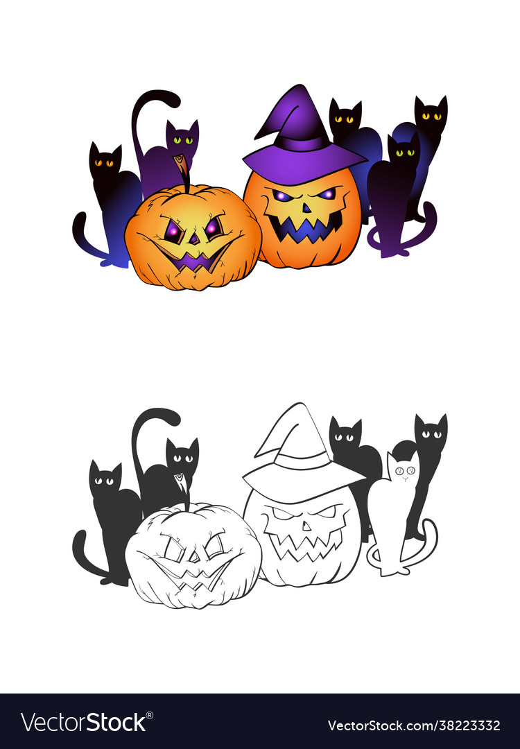 Halloween with smiling pumpkins black cats Vector Image