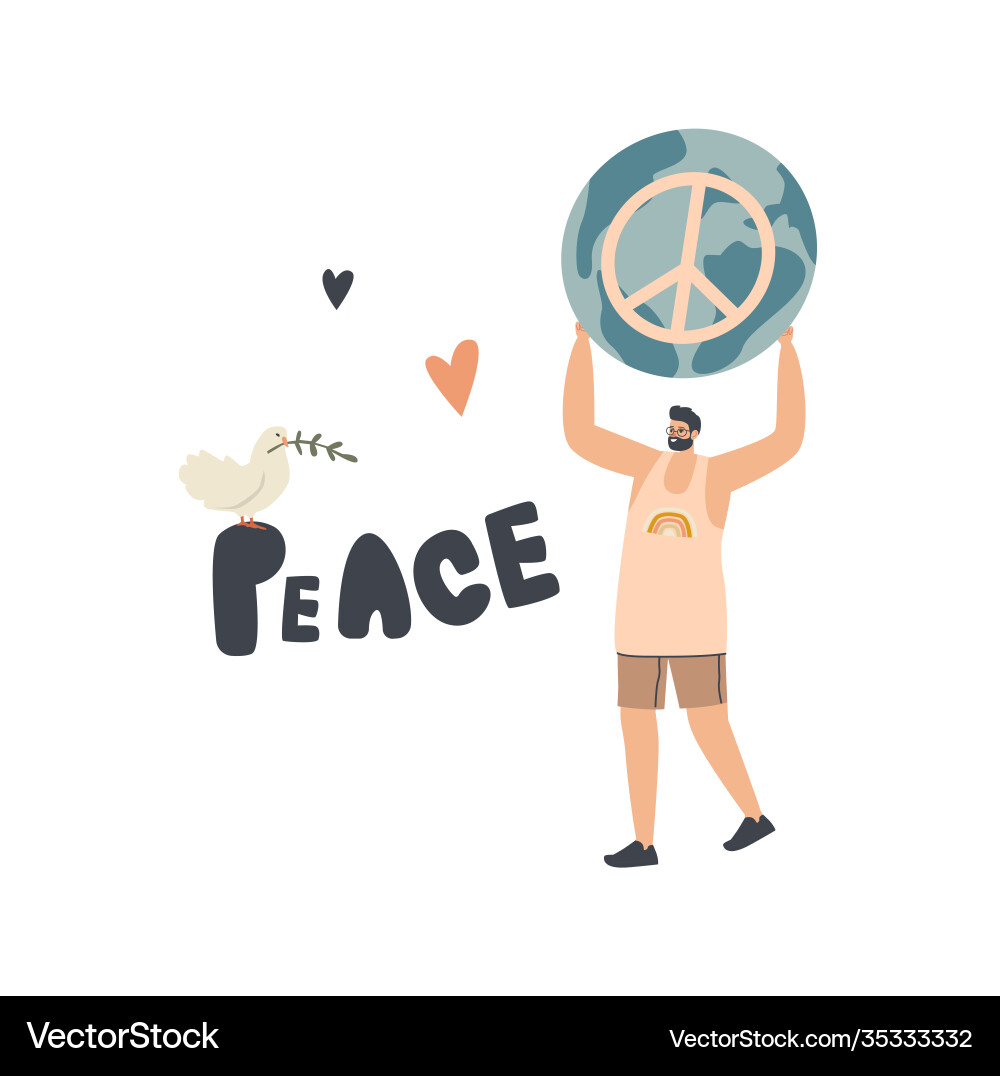 Tiny male character carry huge peace symbol Vector Image