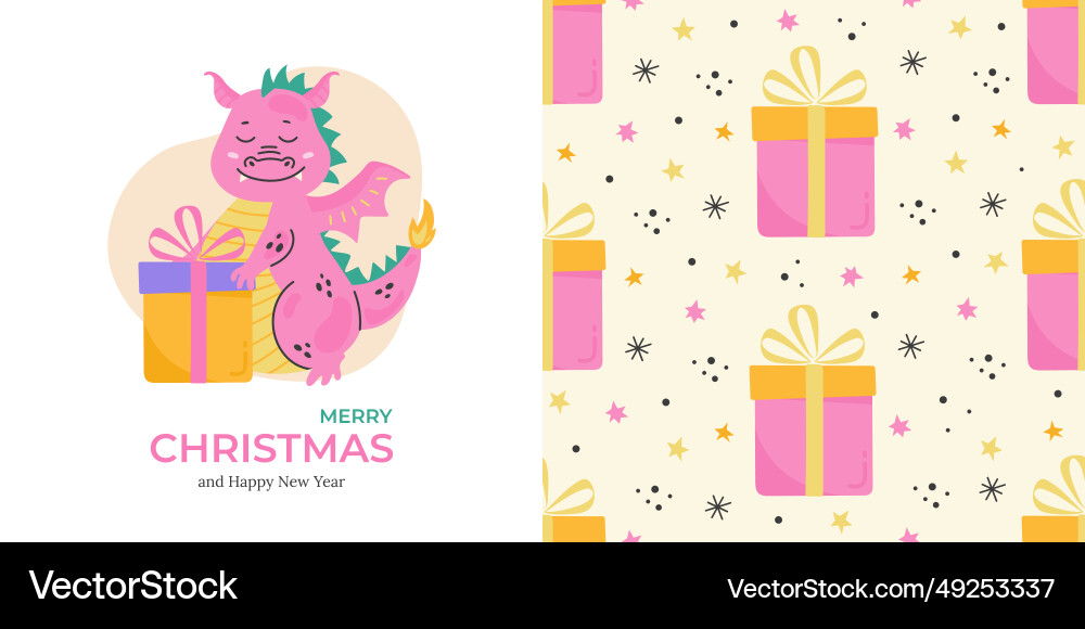 Cute dragon with gifts card and seamless pattern Vector Image