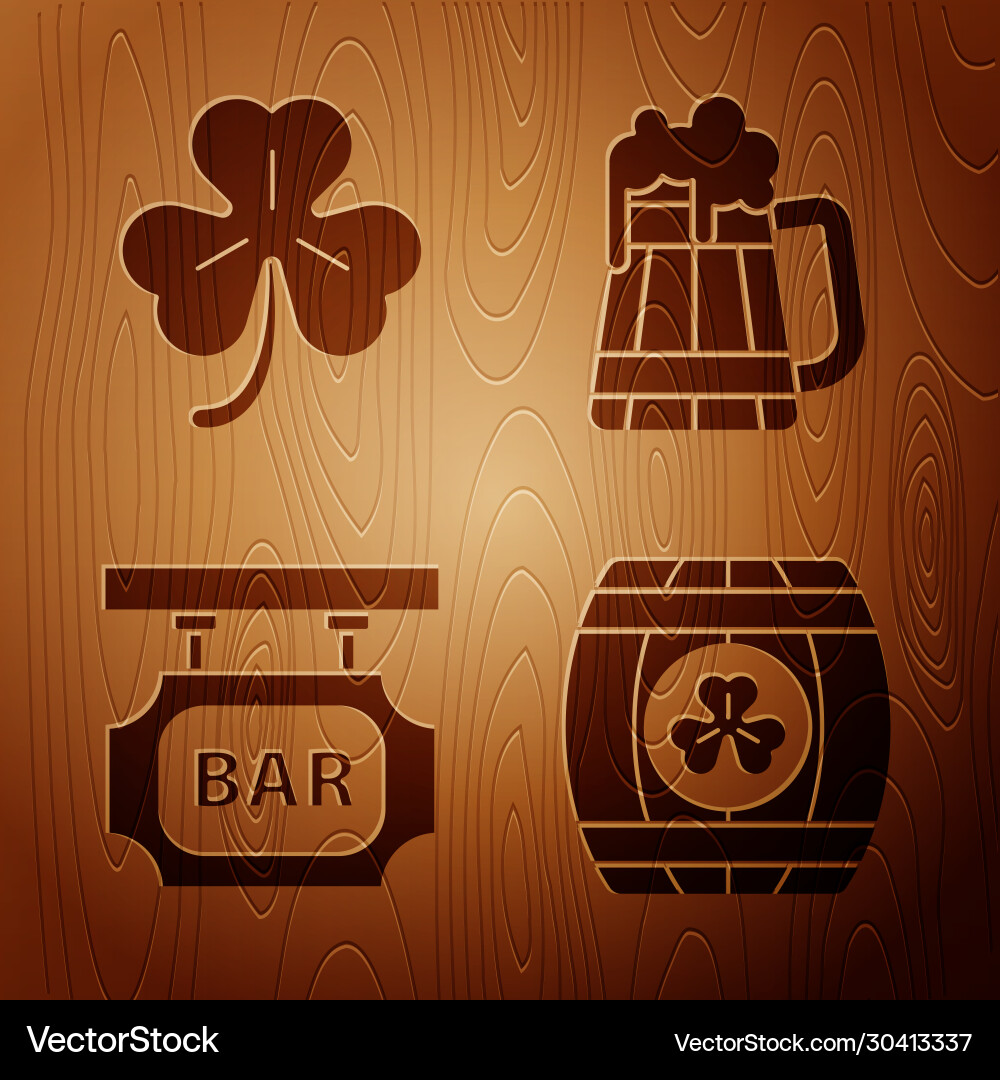 Set wooden barrel with four leaf clover four leaf Vector Image
