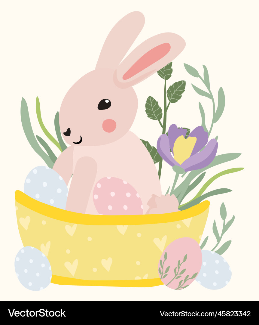 Cute rabbit in a basket with spring flowers Vector Image