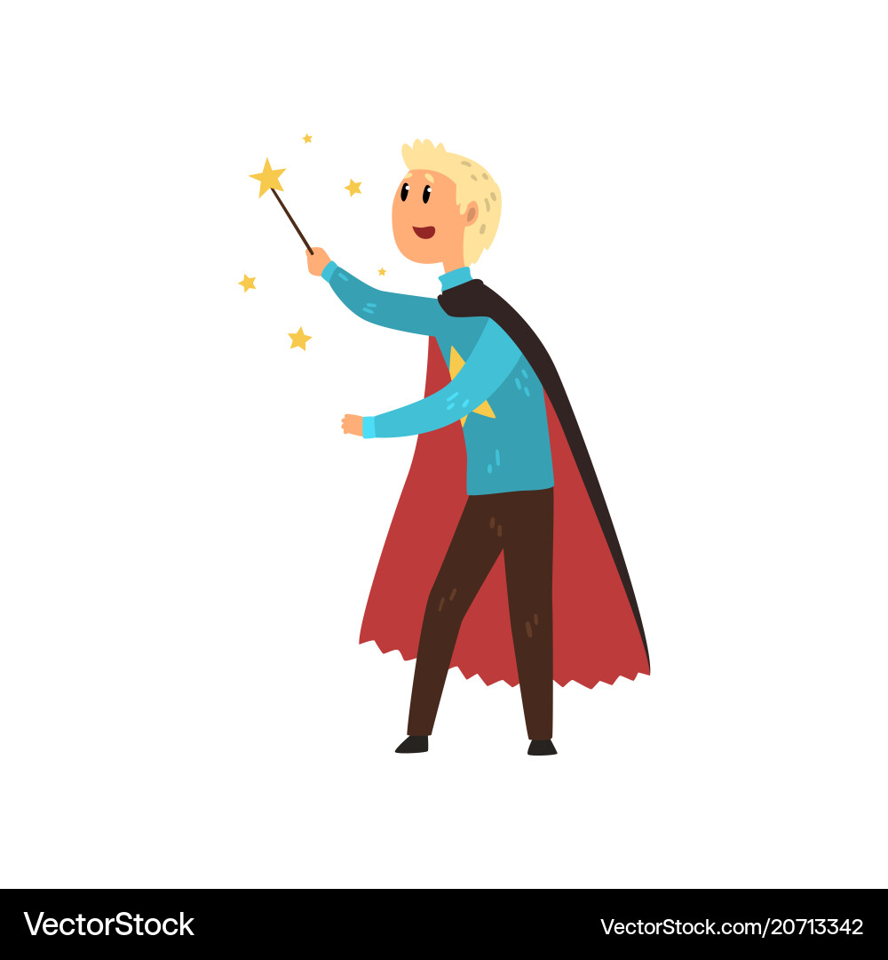 Funny magician in long mantle standing with magic Vector Image