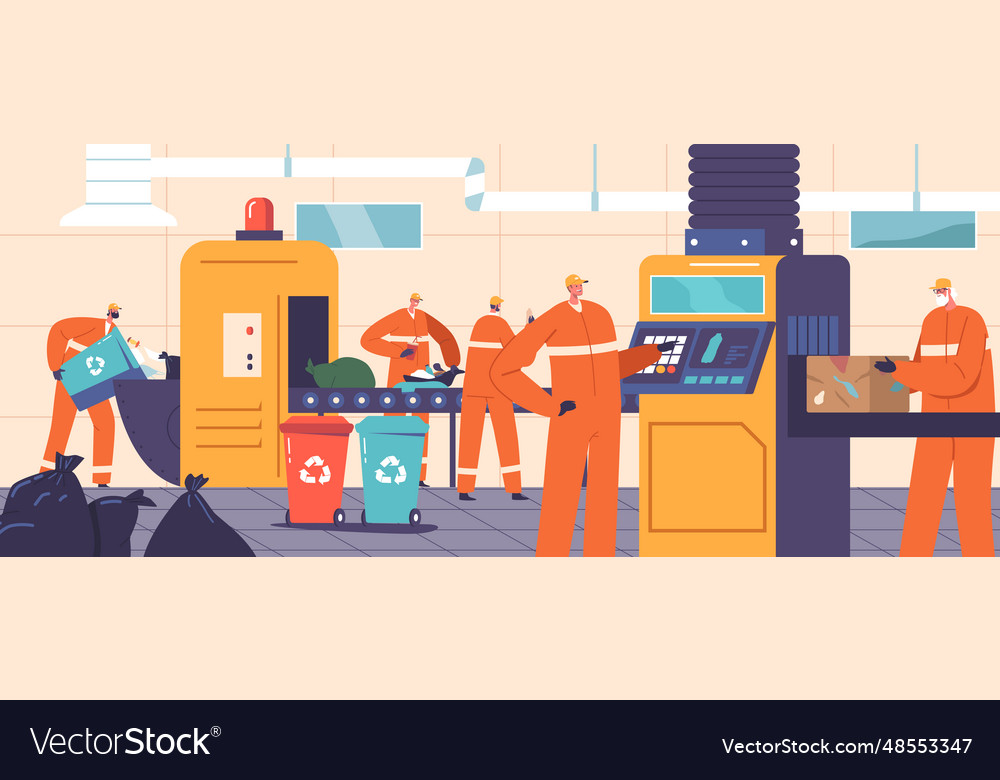 Workers at garbage processing collecting sorting Vector Image Workers at garbage processing collecting sorting Vector Image