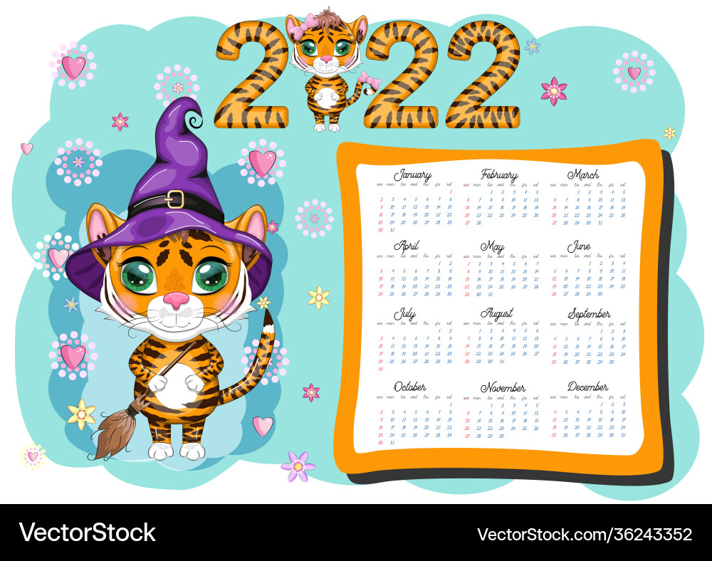 Cute tiger wall calendar template for 2022 year Vector Image