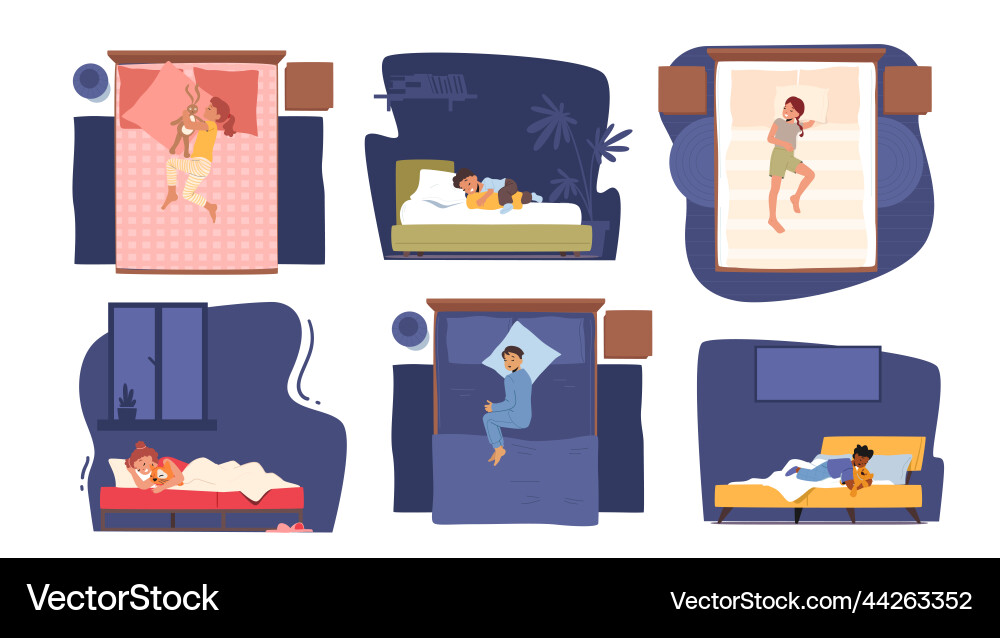 Set kid sleep on bed top and side view relaxed Vector Image
