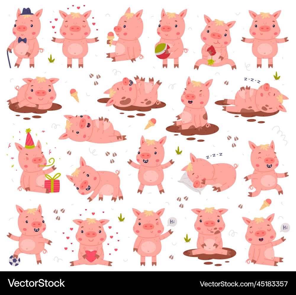 Funny pink pig character engaged in different Vector Image