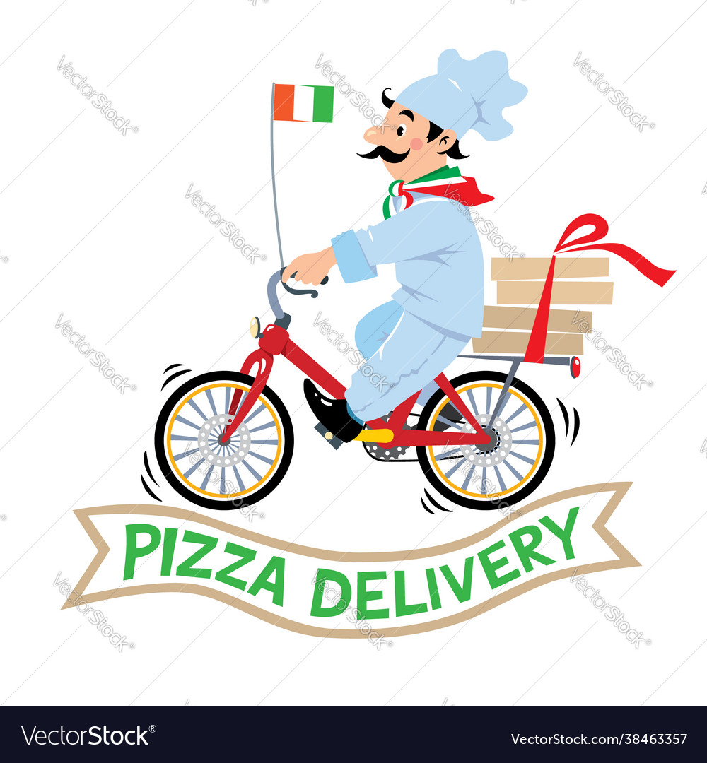Funny pizza chef on bicycle or bike delivery Vector Image