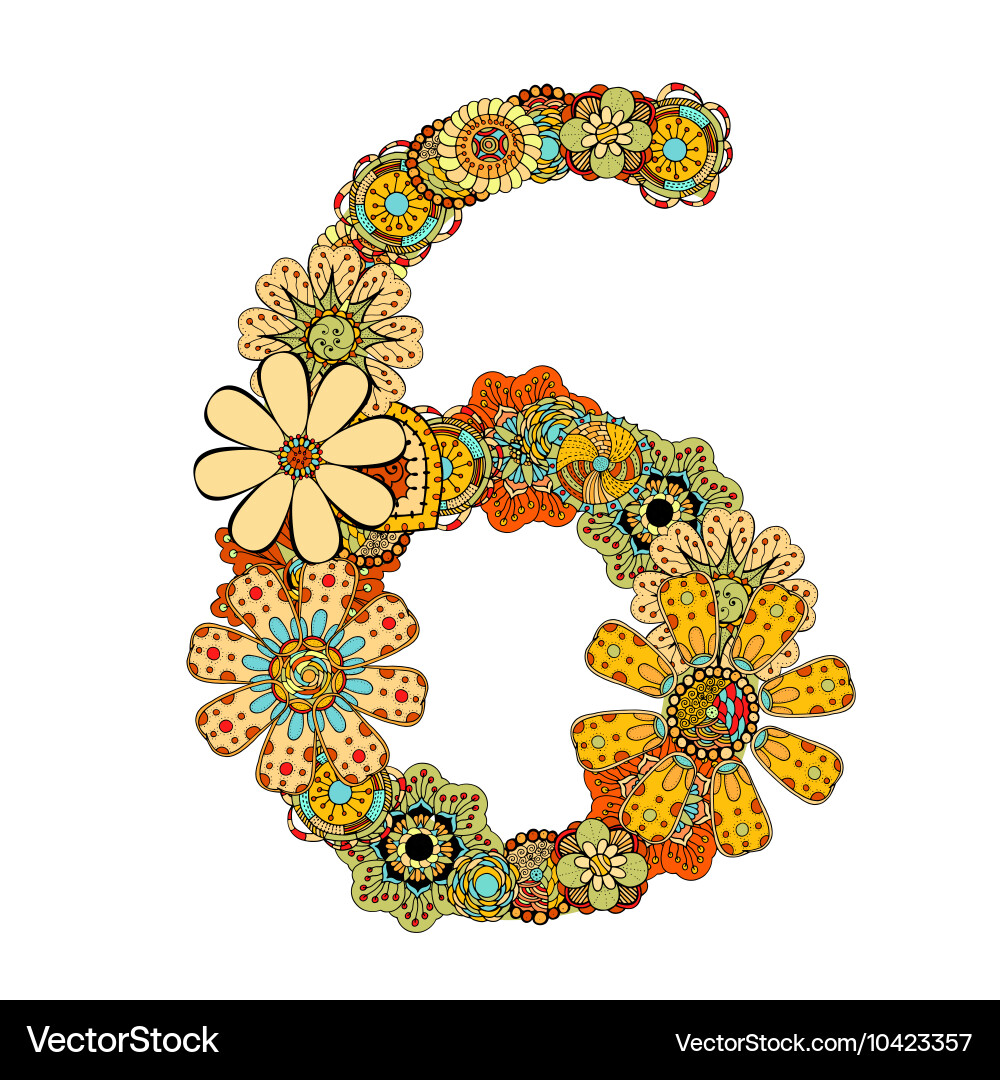 Hand drawn floral number 6 Royalty Free Vector Image