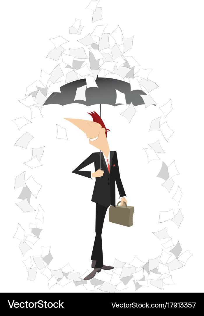 Papers fall down on the man with a bag and umbrell