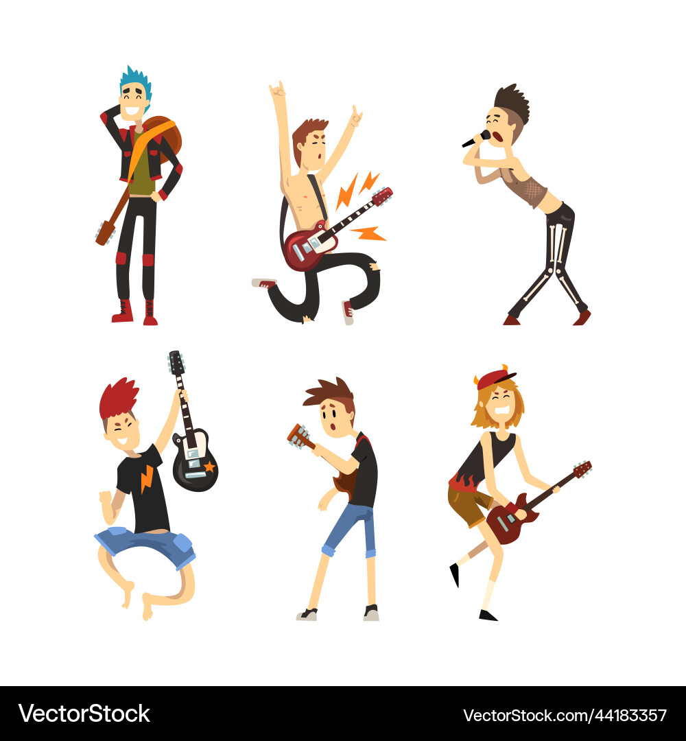 Rock musicians playing guitars and singing set Vector Image