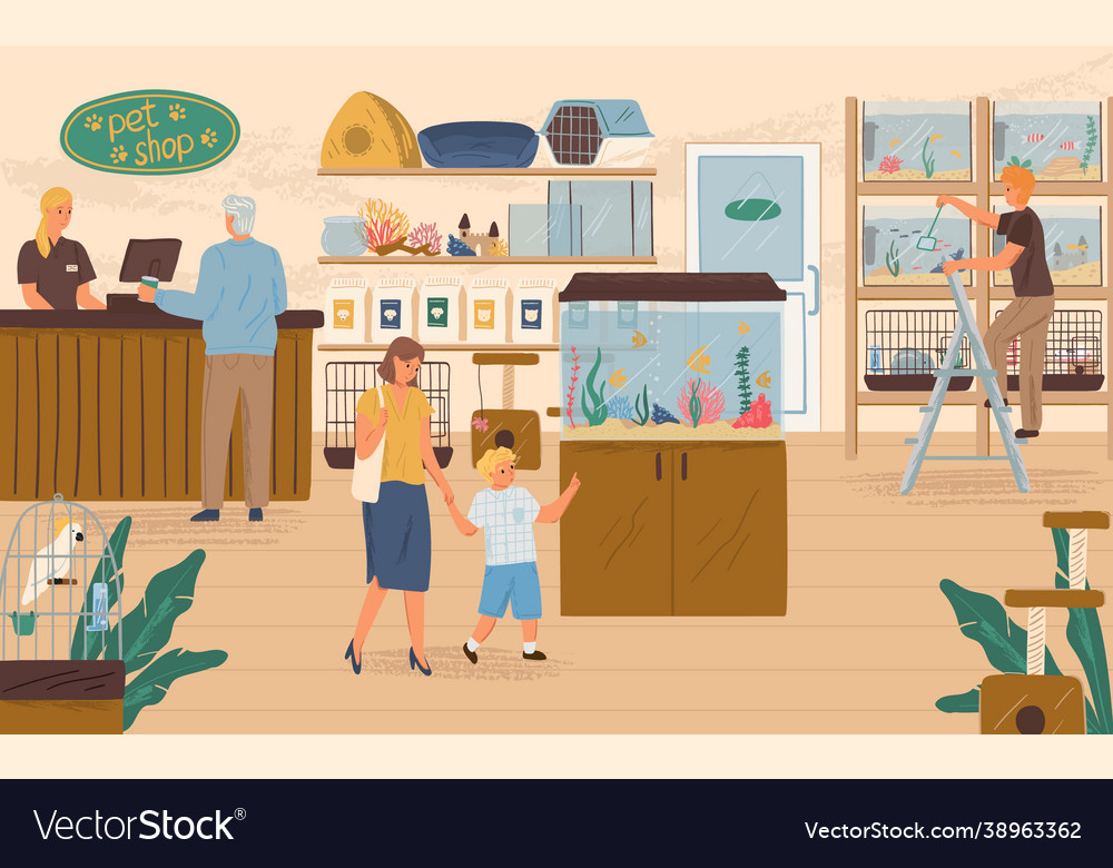 Family with kid buying fish in aquarium pet Vector Image