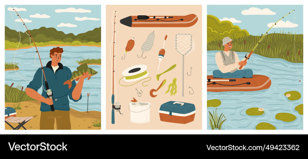 Fishing scene set with man catching fish Vector Image