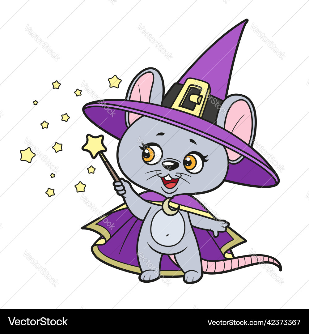 Cute cartoon mouse wizard with magic wand color Vector Image