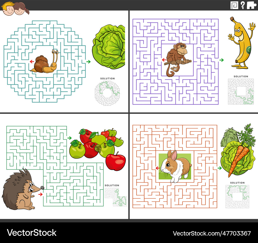 Maze activities set with cartoon animals Vector Image