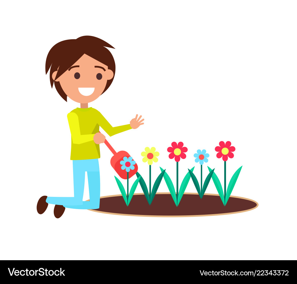 Boy digging with little shovel flower bed Vector Image