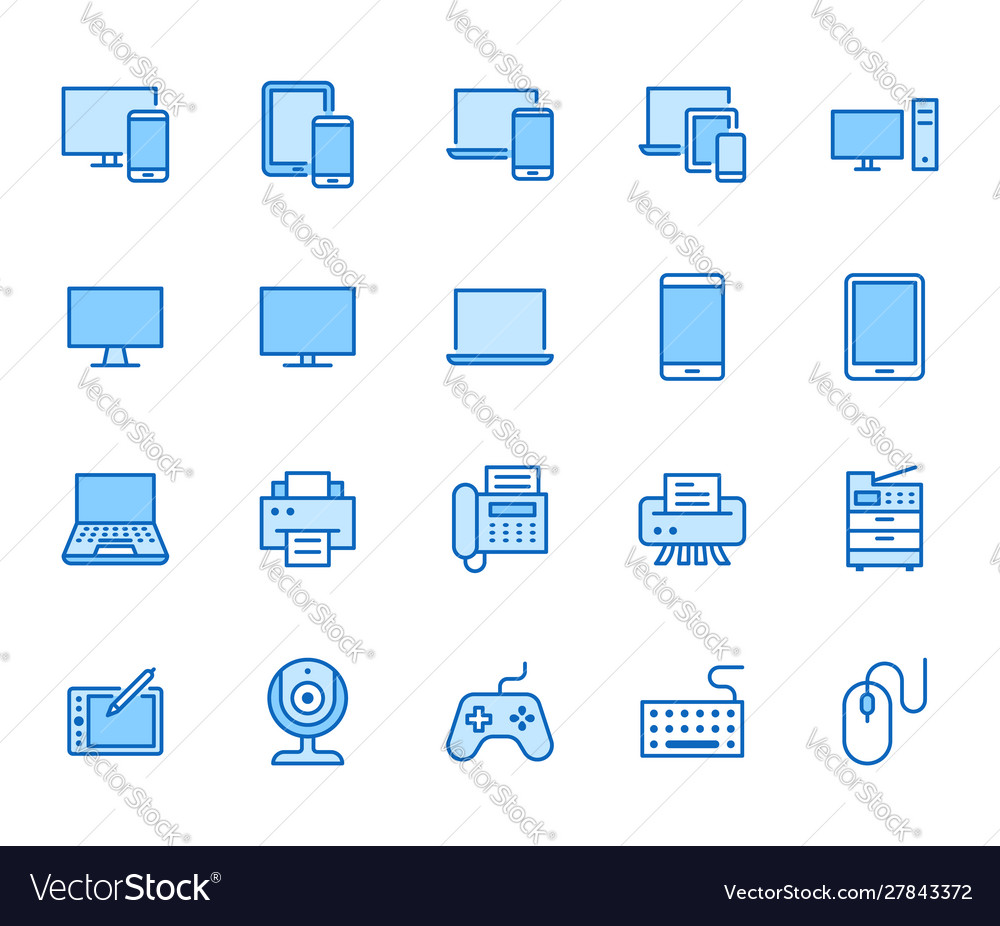 Devices flat line icons set pc laptop computer Vector Image