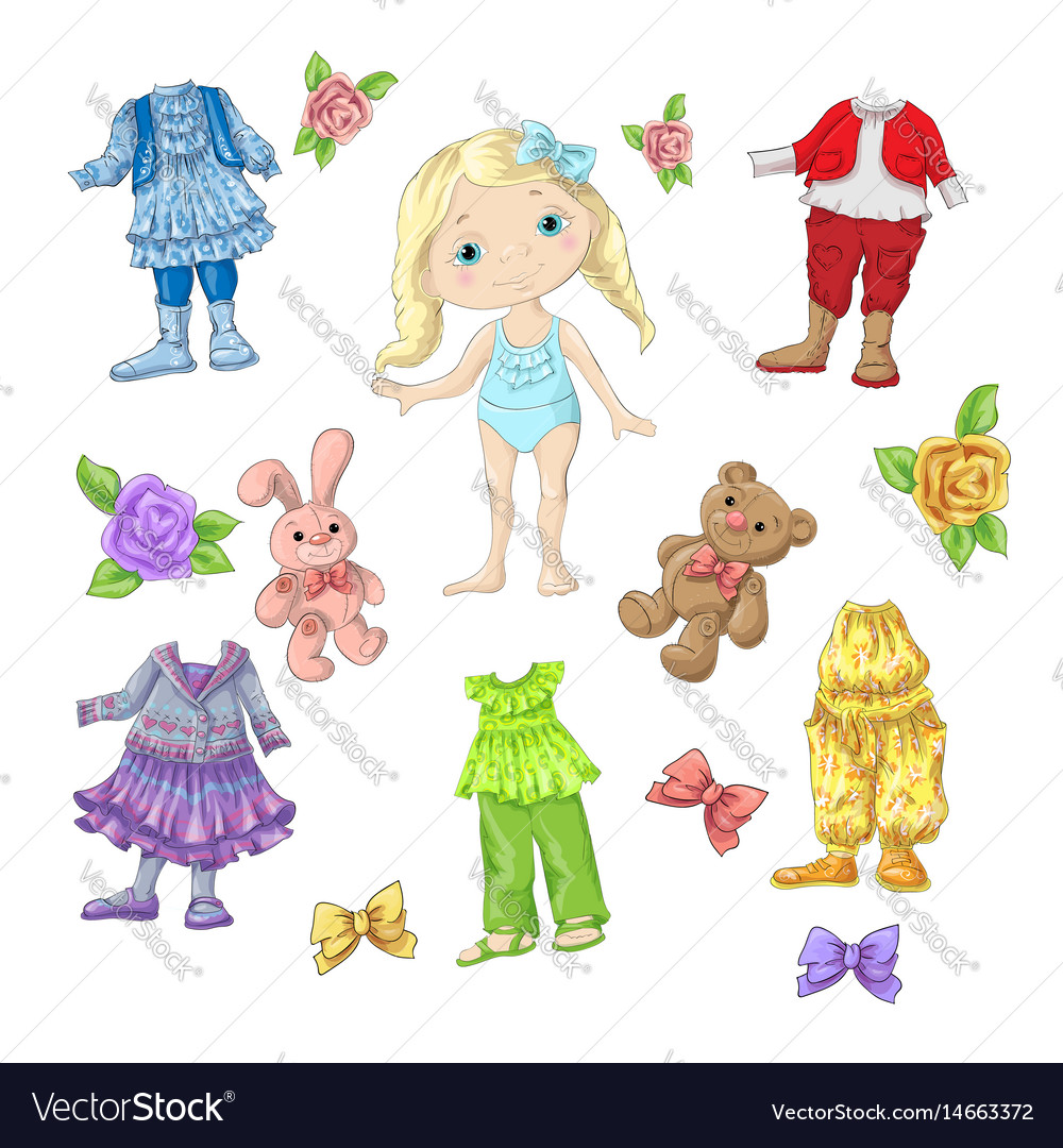 Dress a cute doll with sets clothes Royalty Free Vector