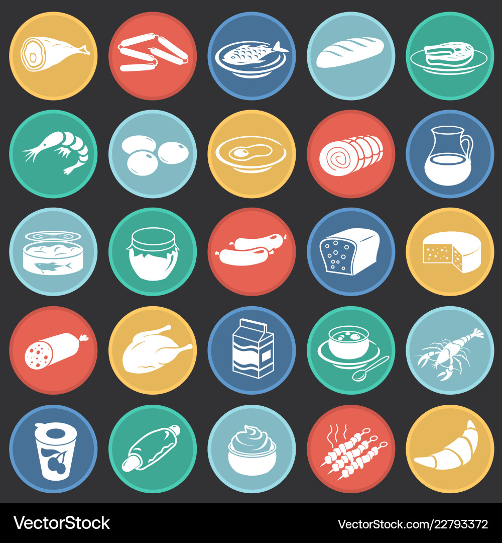 Food set on color circles black background Vector Image