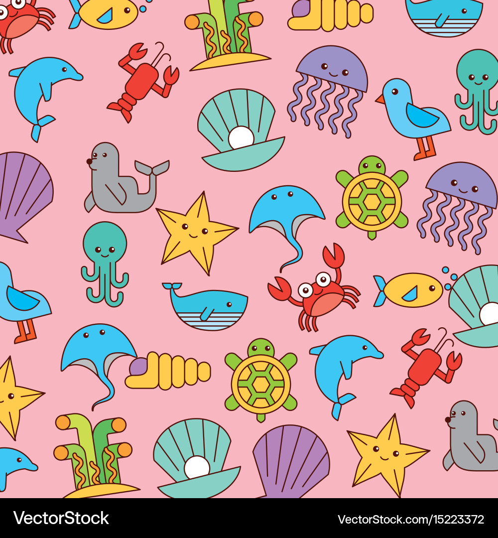Sea life icons set flat draw Royalty Free Vector Image